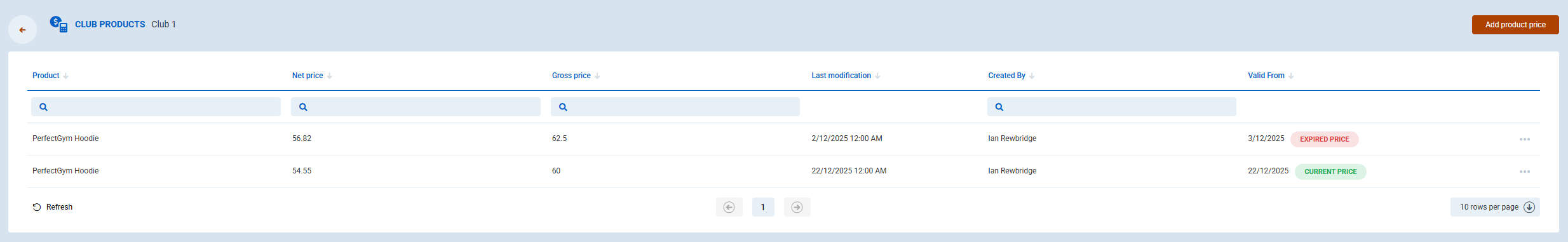List of Clubs - Club Product Price List - Overview – Perfect Gym ...